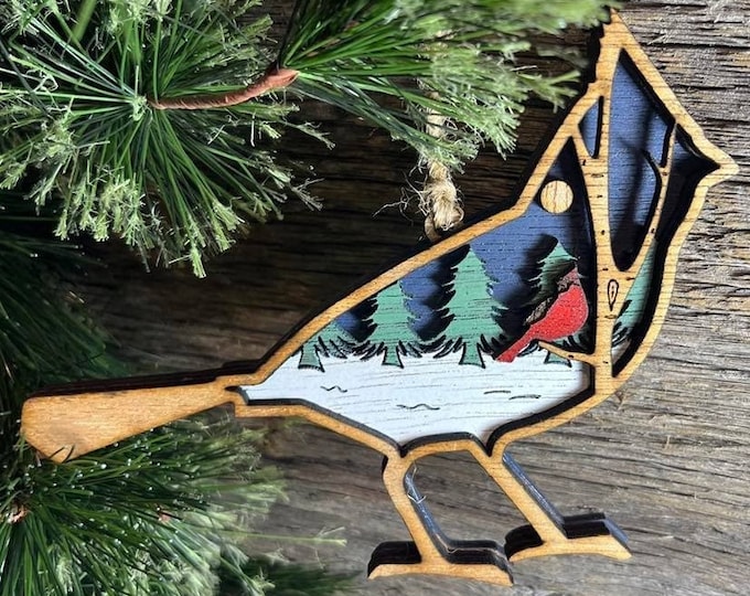 Wood Cardinal Shape Ornament Layered in Nature Scene Christmas Gift ...