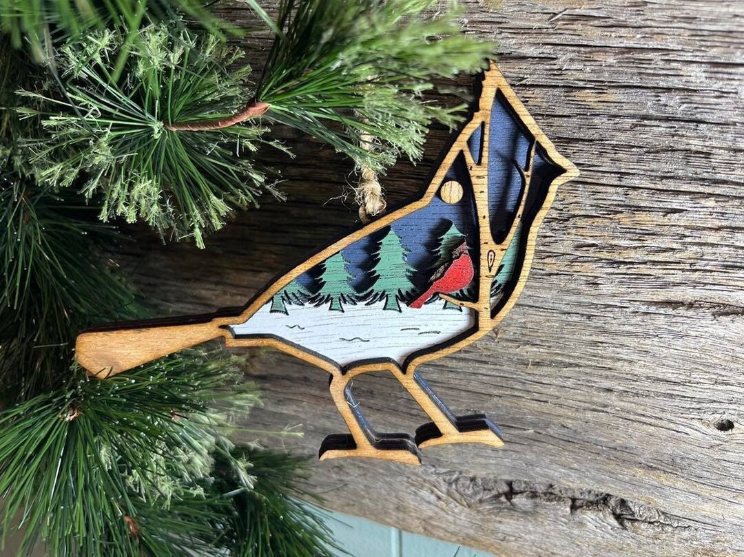 Wood Cardinal Shape Ornament Layered in Nature Scene Christmas Gift ...
