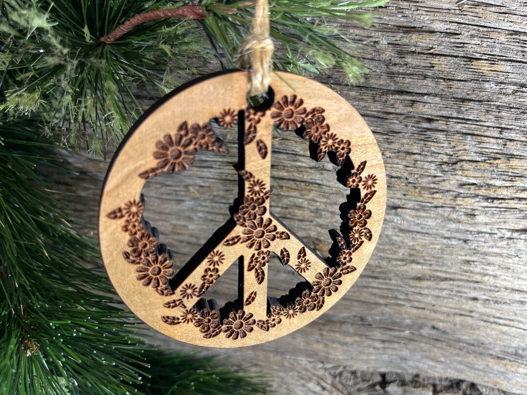 Real Wood Peace Symbol With Flowers Ornament Solid Cherry - Etsy