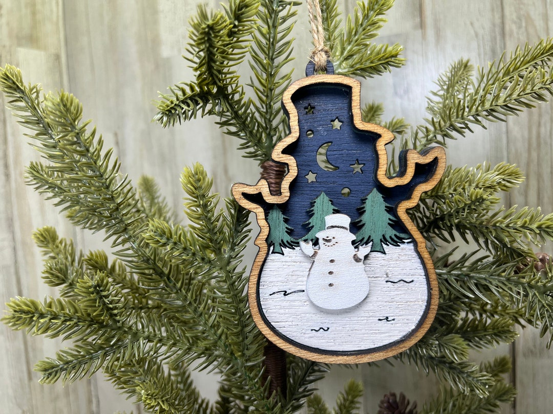 Jolly Snowman Shape Winter Wonderland Scene Layered Wood Christmas ...