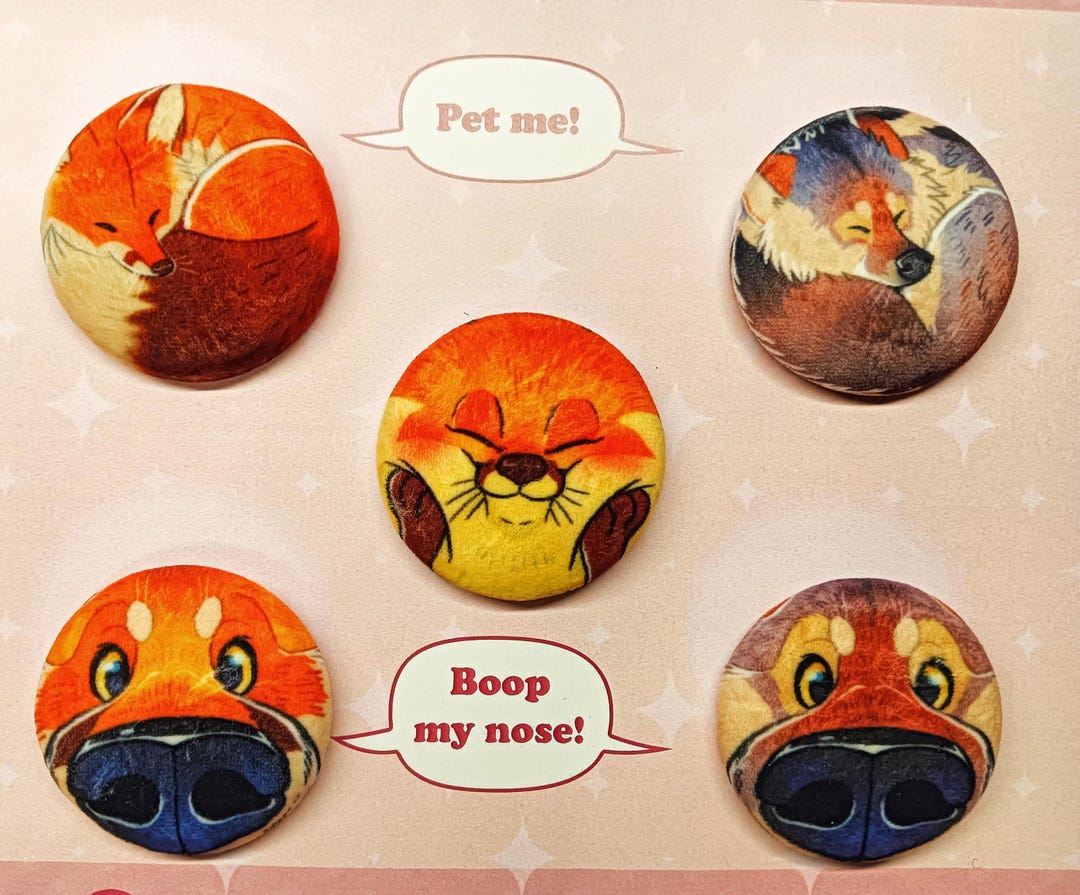 Plush Button Pins Fox and Wolf Squishy, Soft, Fluffy Round Button ...