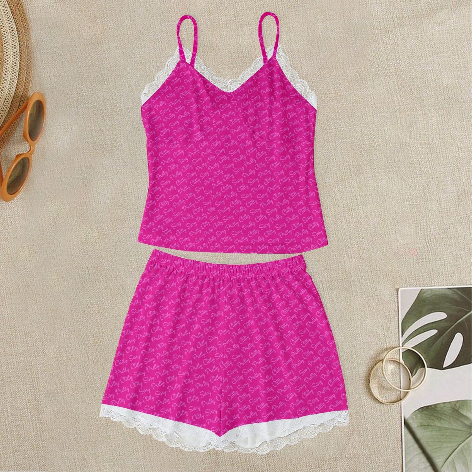 Sissy Pretty Clitty Cami Lounge Wear In Pink With White Lace Edge