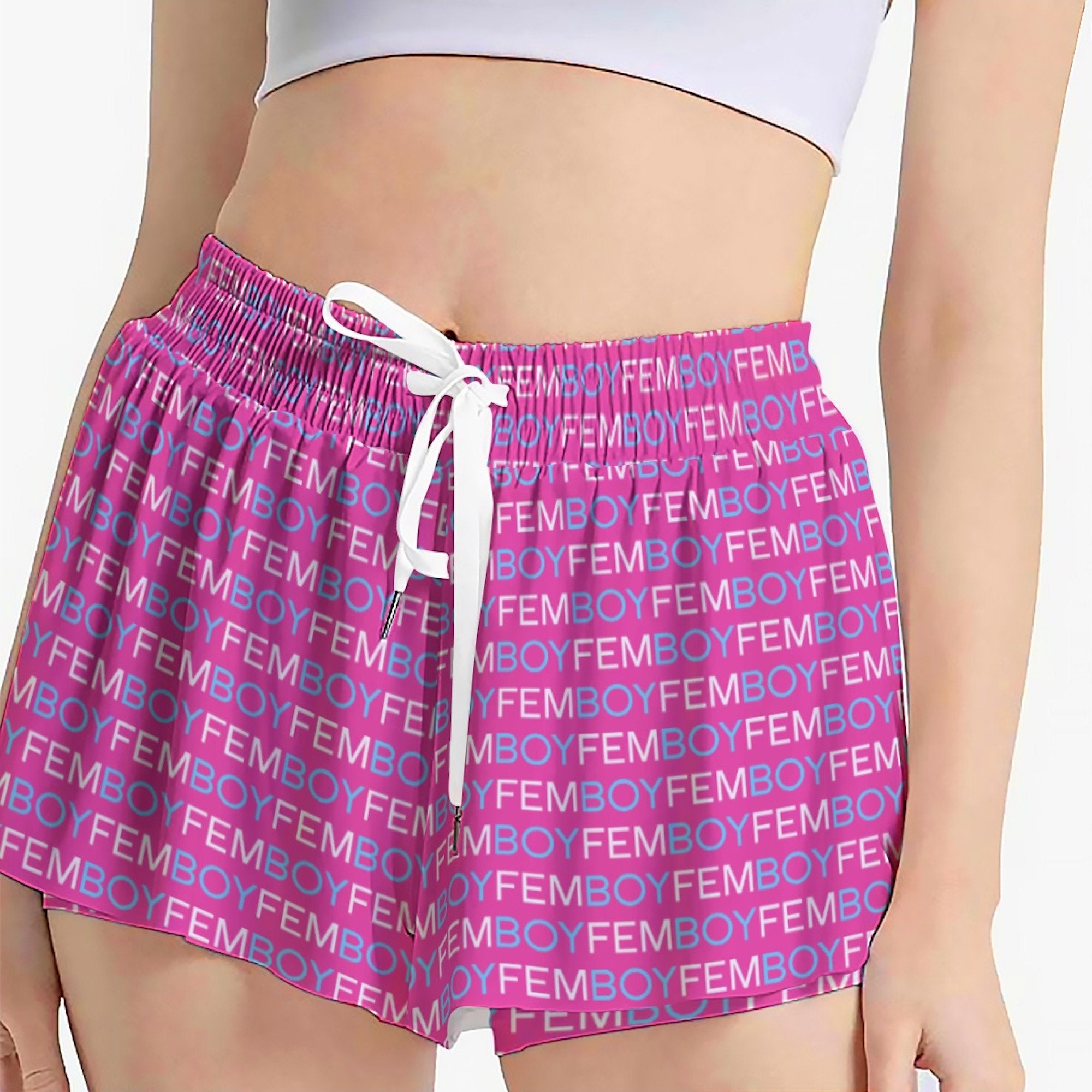Femboy Skorts White and Blue Femboy Pattern on Pink Skin-tight Shorts Under Skirt for Femboys ...