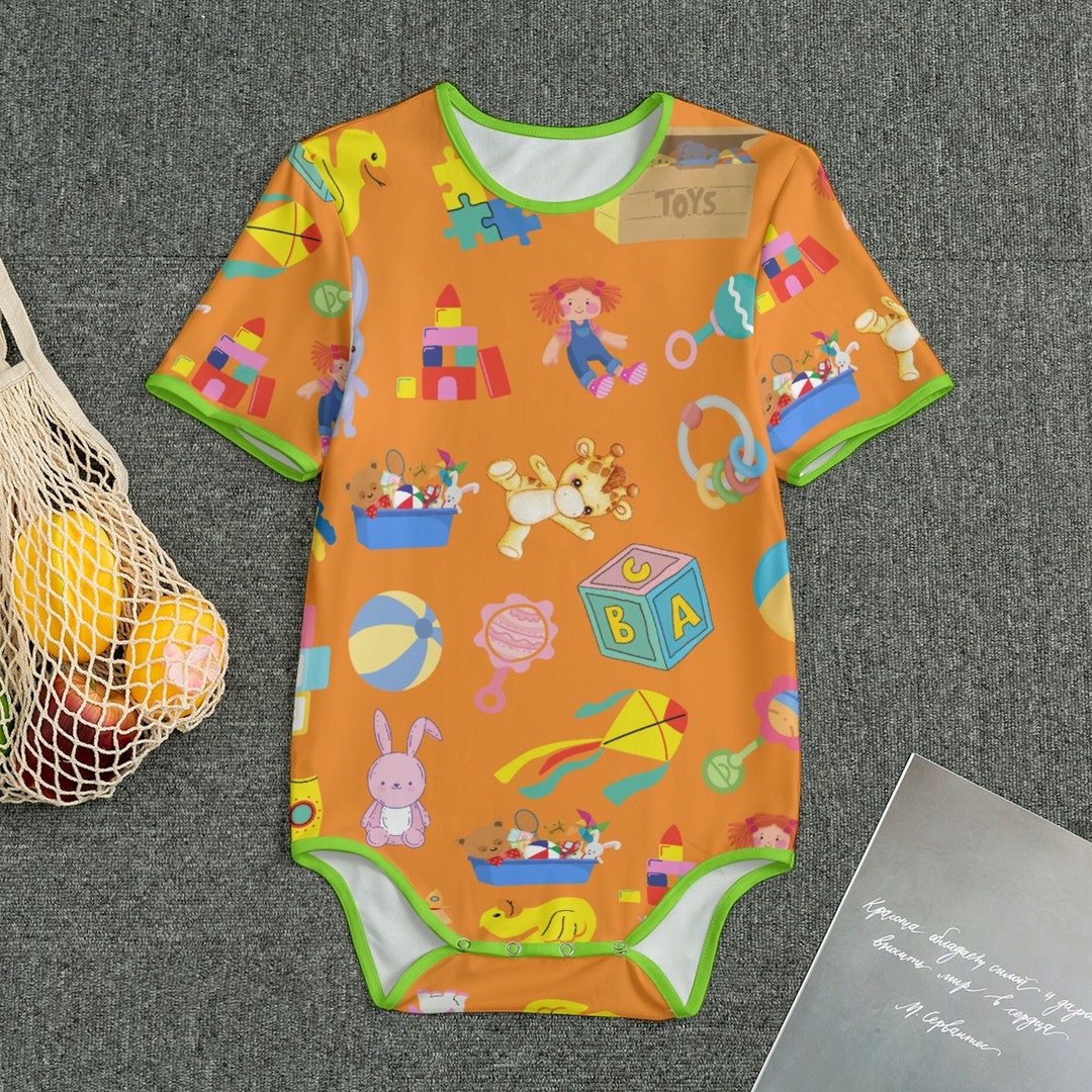 Adult Romper With Toy Design on Orange With Green Edge ABDL | Totally ...