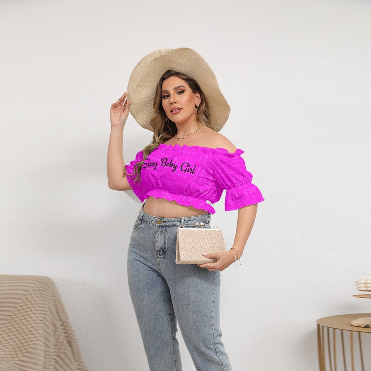Sissy Baby Girl Off-shoulder Cropped Top With Short Puff Sleeve in Pink ...