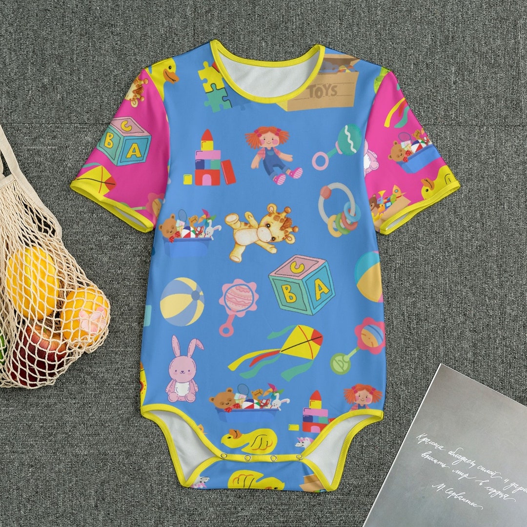 Adult Romper With Toy Design on Blue With Pink Sleeves With Yellow Edge ...