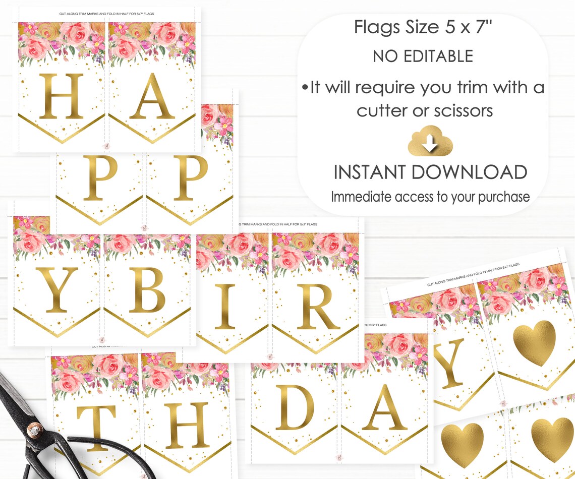 Happy Birthday Printable Banner Floral Pink Gold Birthday - Etsy