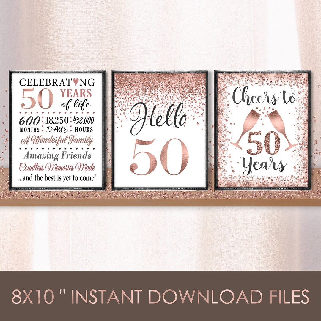 Hello 50 Sign, Cheers to 50 Years, 50th Birthday Pack, Rose Gold ...