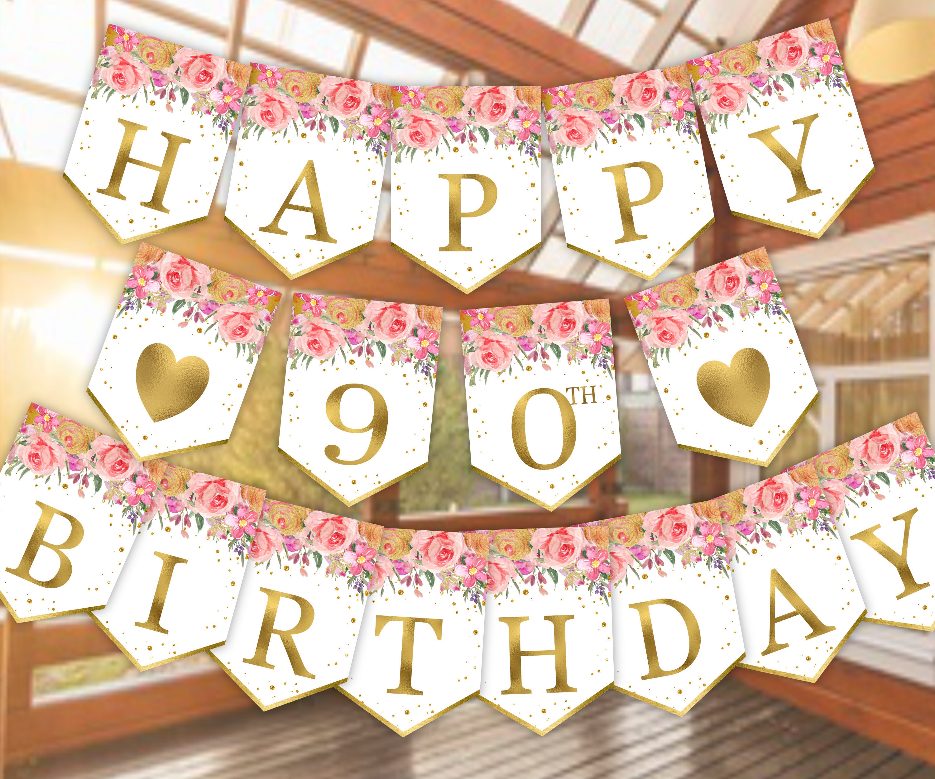 Happy 90th Birthday Printable Banner Floral Pink Gold 90th | Etsy