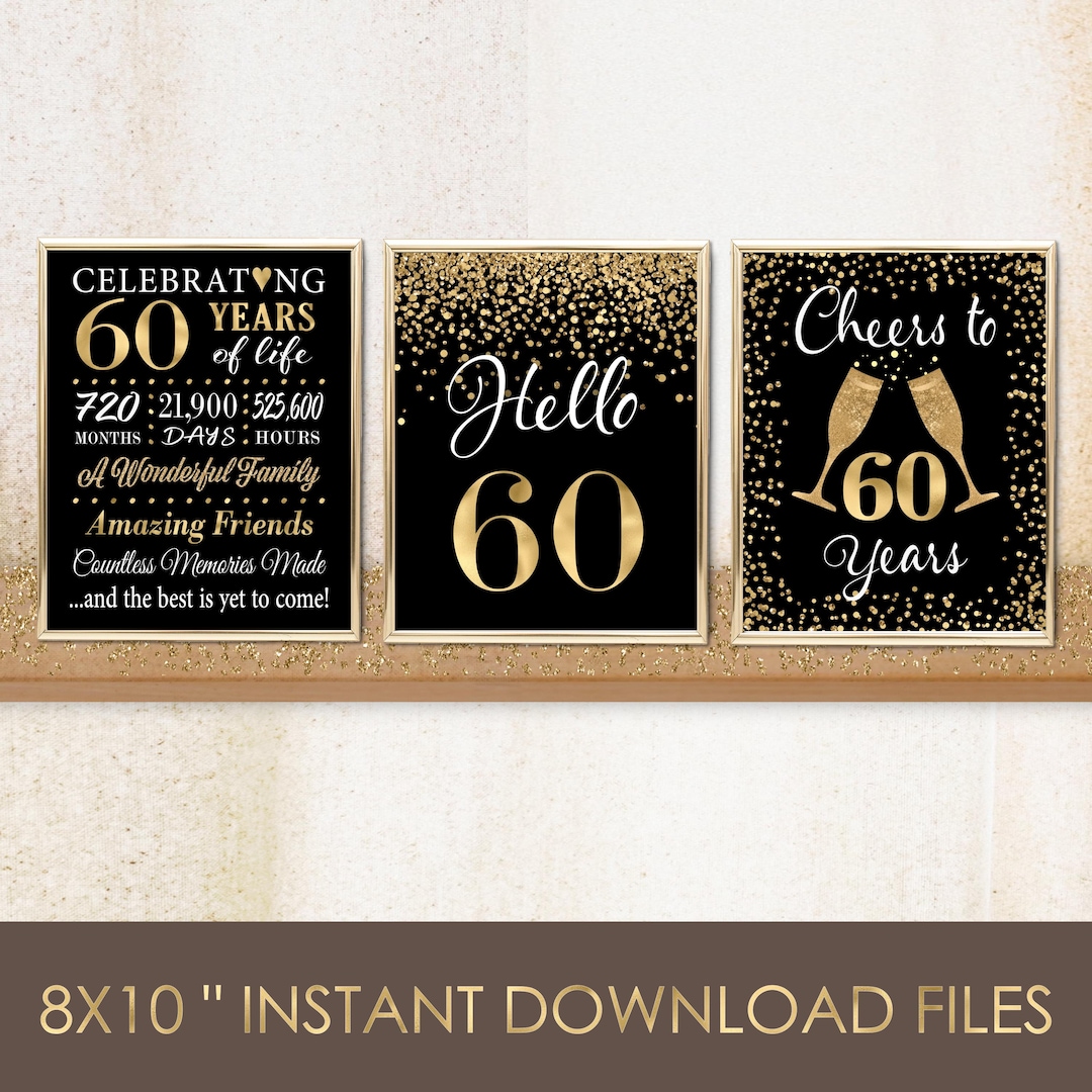 Printable 60th Birthday Signs, Cheers to 60 Years, Gold Birthday Party ...