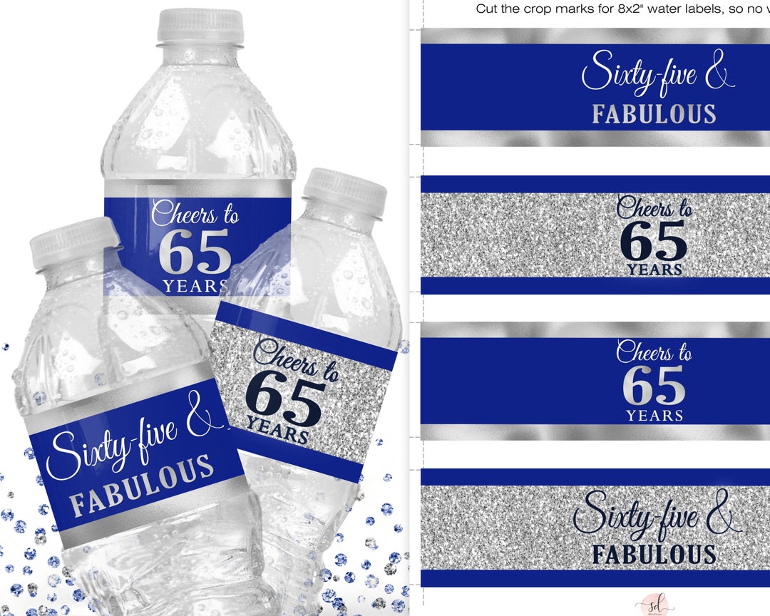 Blue Silver 65th Birthday Water Bottle Labels, 65th Favors, Wrappers ...