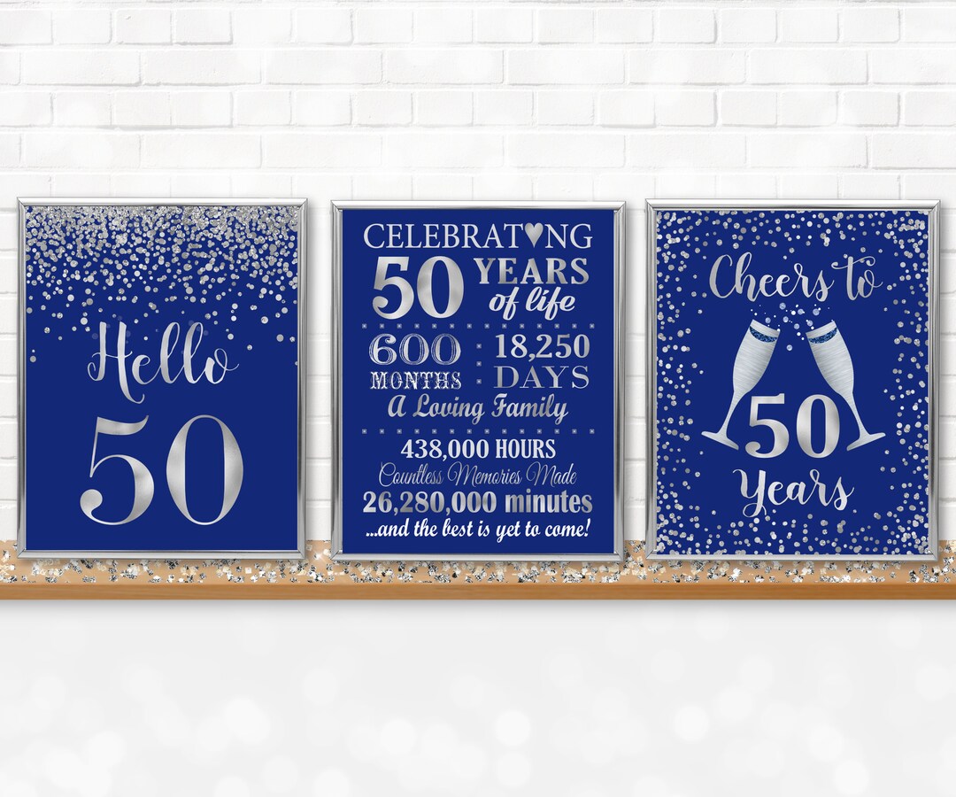 Printable 50th Birthday Signs Pack Blue Royal Silver Hello - Etsy Australia