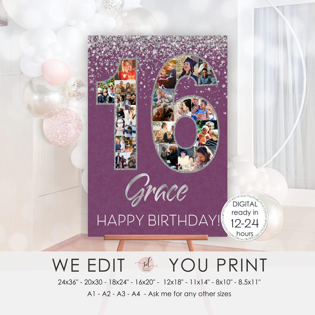 16th Birthday Photo Collage, 16th Collage Gift, 16 Number Pictures, 16 ...
