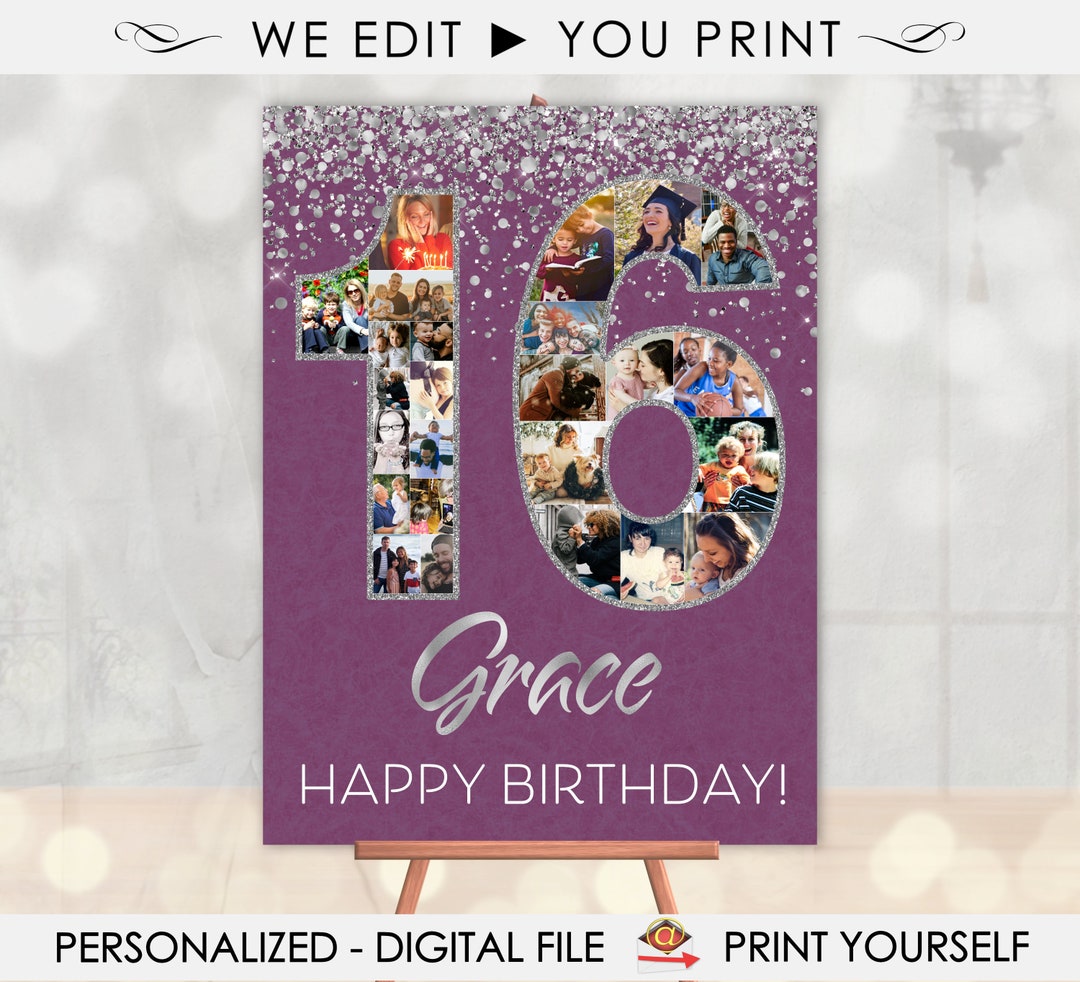 16th Birthday Photo Collage, 16th Collage Gift, 16 Number Pictures, 16 ...