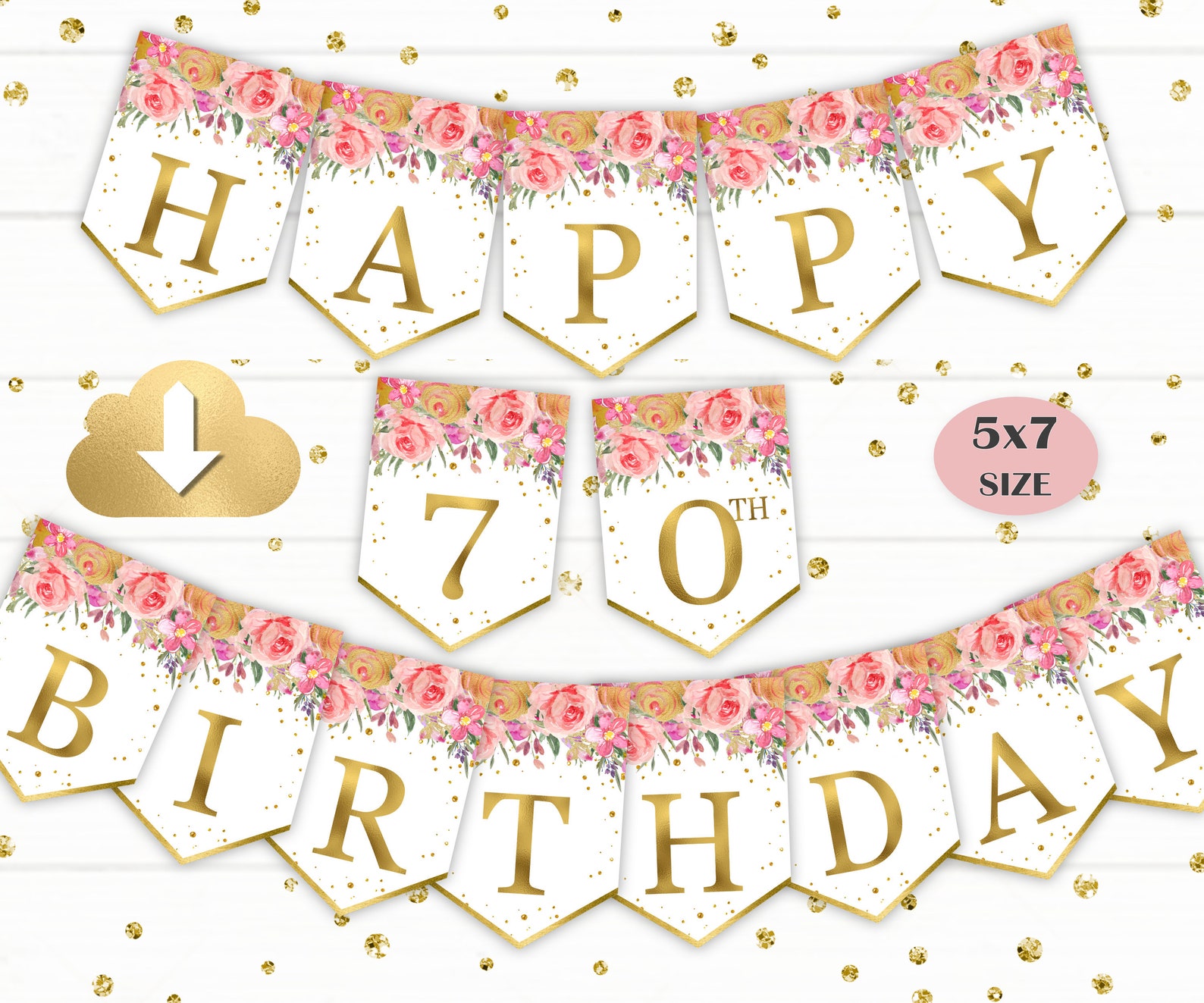 Happy 70th Birthday Printable Banner Floral Pink Gold 70th | Etsy