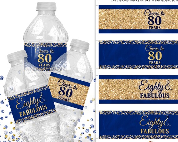 Blue Gold 80th Birthday Water Bottle Labels 80th Party | Etsy