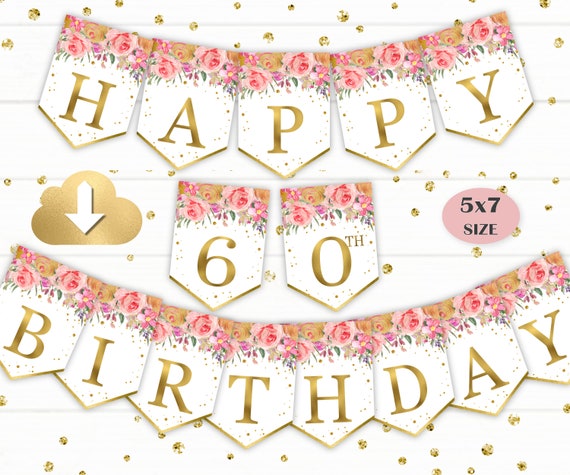 Happy 60th Birthday Printable Banner Floral Pink Gold 60th - Etsy Hong Kong