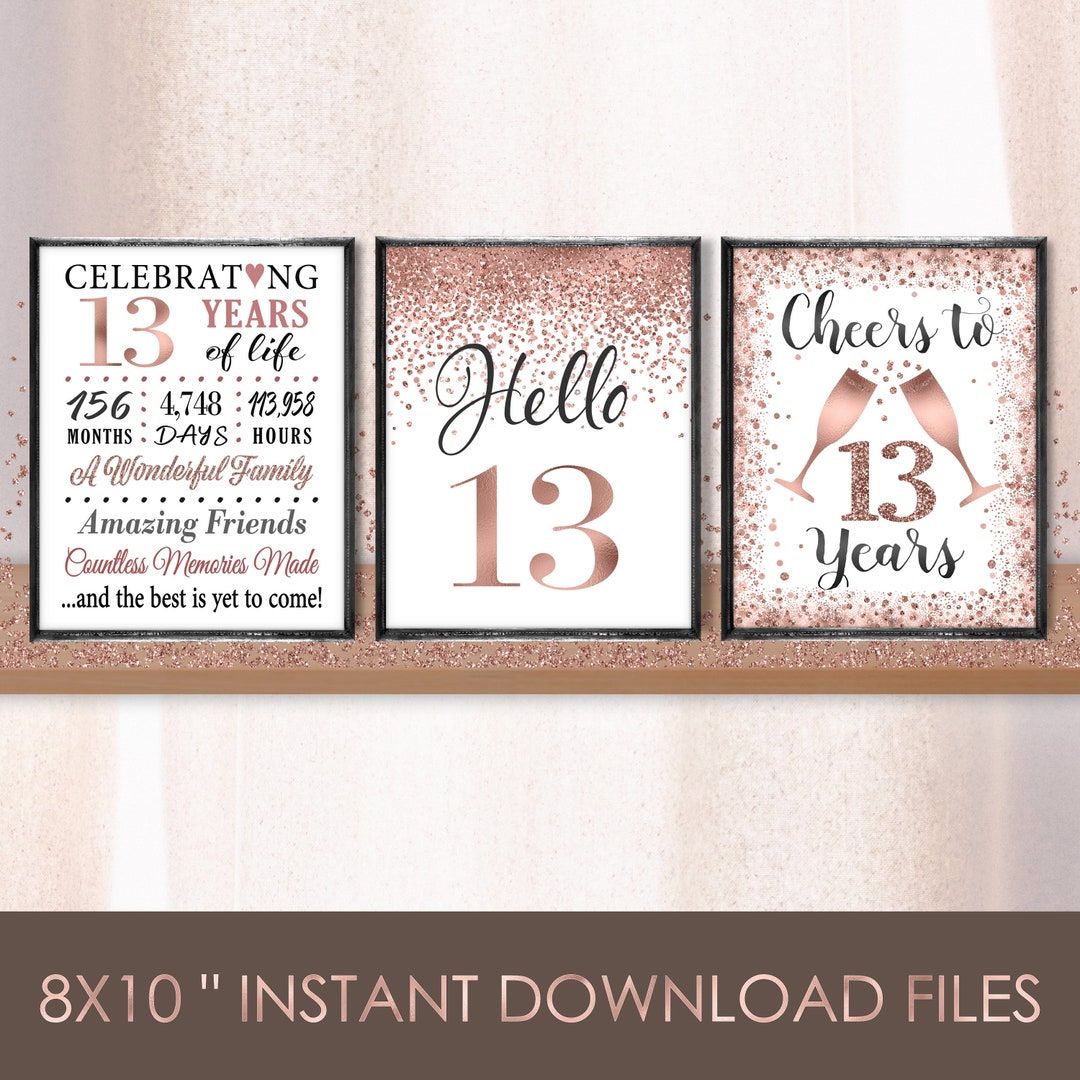 Printable 13th Birthday Signs Pack, Rose Gold Party, Cheers to 13 Years ...
