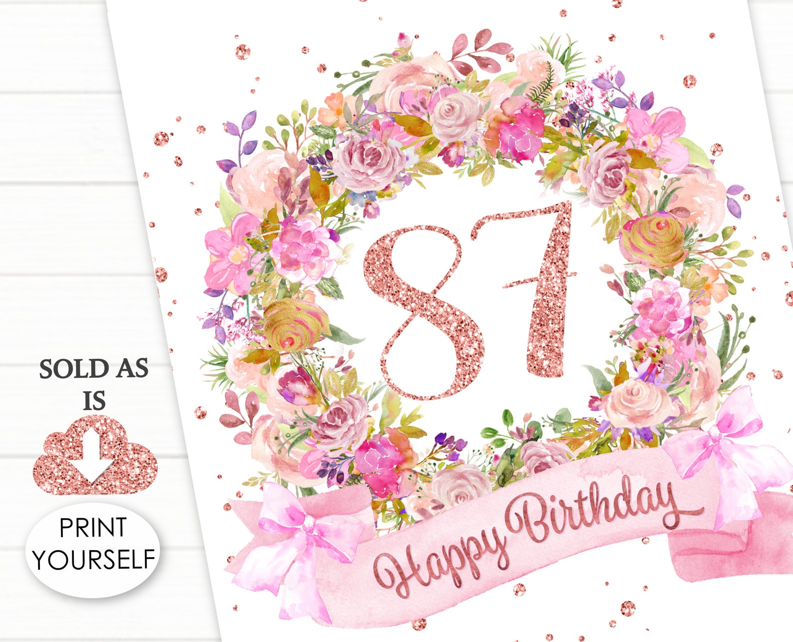 87th Birthday Rose Gold Happy 87th sign Floral Wreath 87th | Etsy