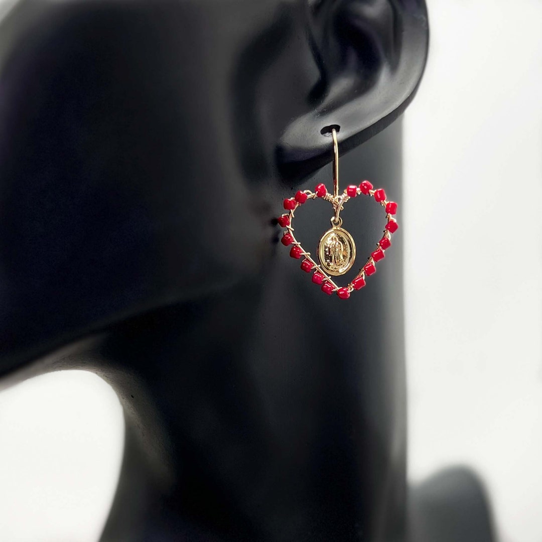 Virgin Mary Earrings, 14k Gold Virgin Medal Earrings, Handmade Jewelry ...