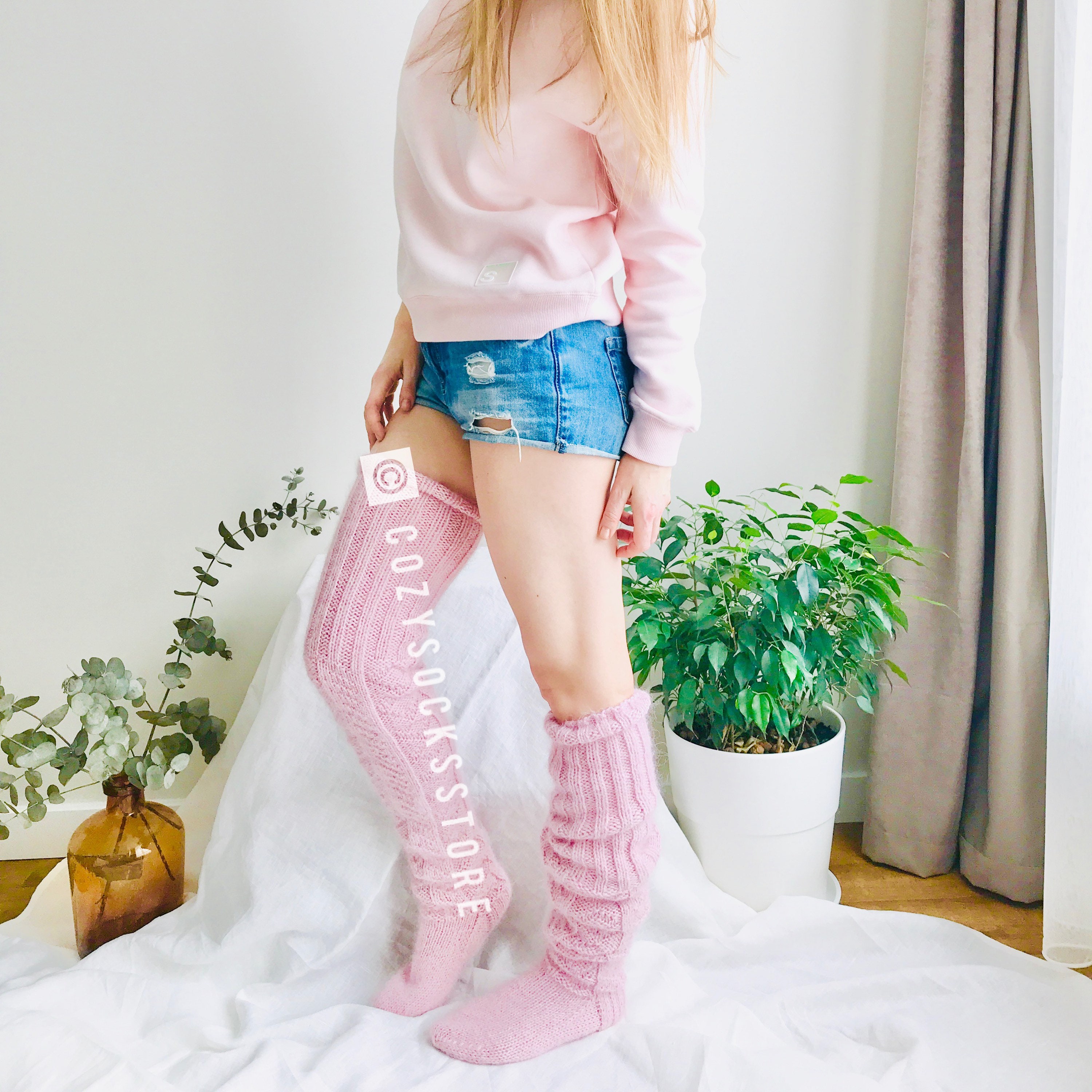 Plus Size Thigh High Socks Knitted Socks Pink Women Socks Etsy