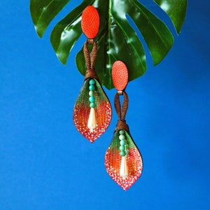 Long Hand-painted Arum Lily Flower Leather Earrings, Botanical Jewelry ...