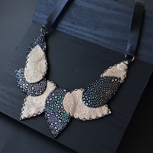 Black Gold Leather Bib Necklace | Galactic Metallic Statement Collar ...