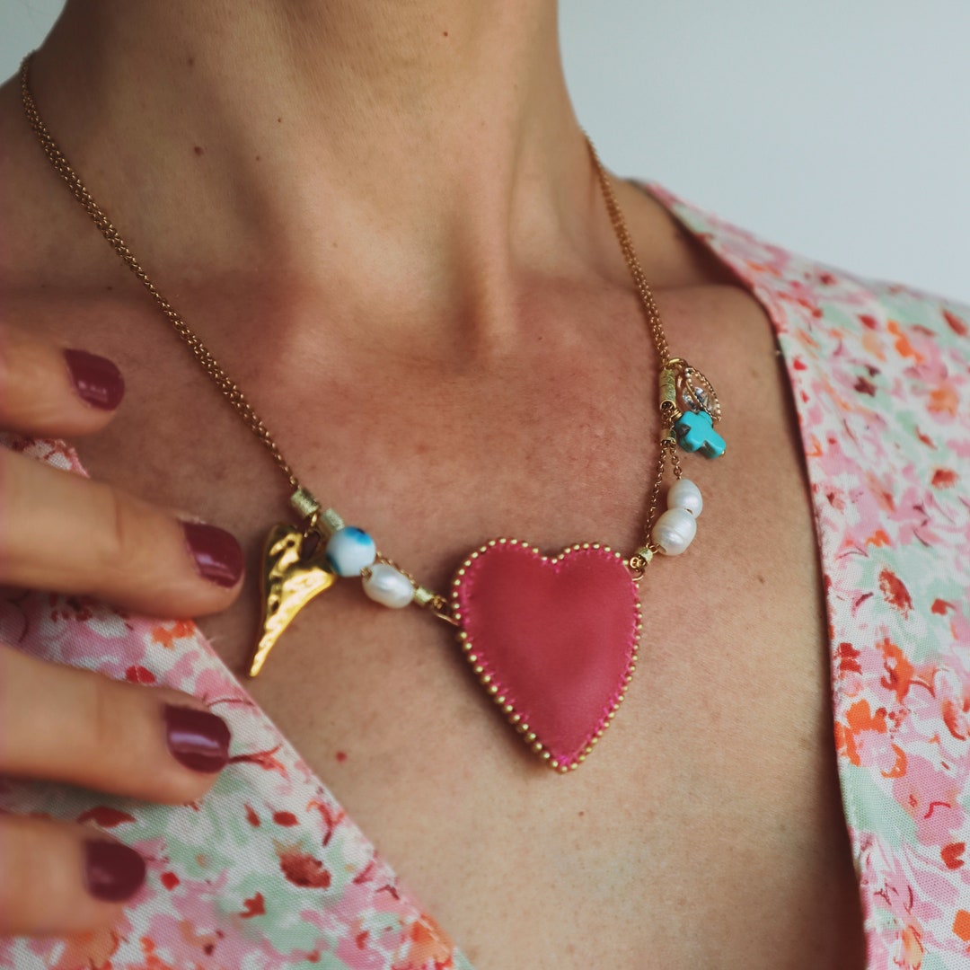 Collier cœur rose délicat collier de perles amulette mal œil - Etsy France
