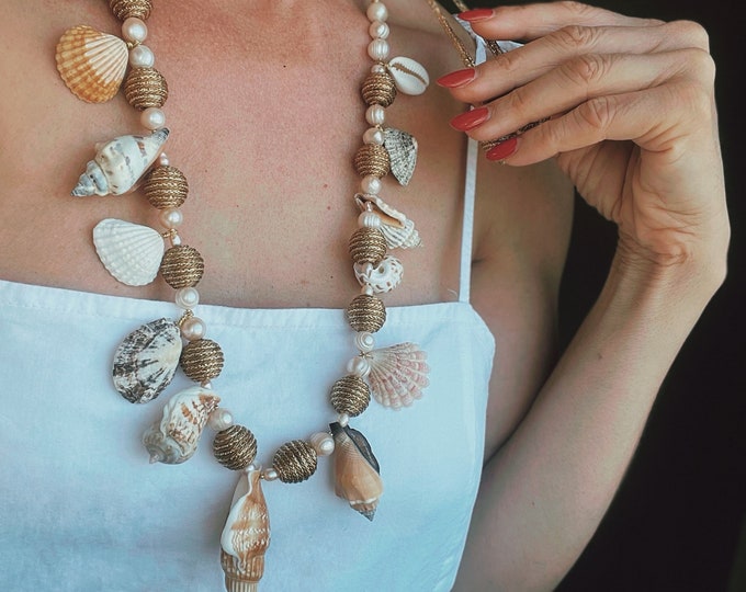 Natural Seashell Pendant Pearl Statement Necklace, Unique Mermaid ...