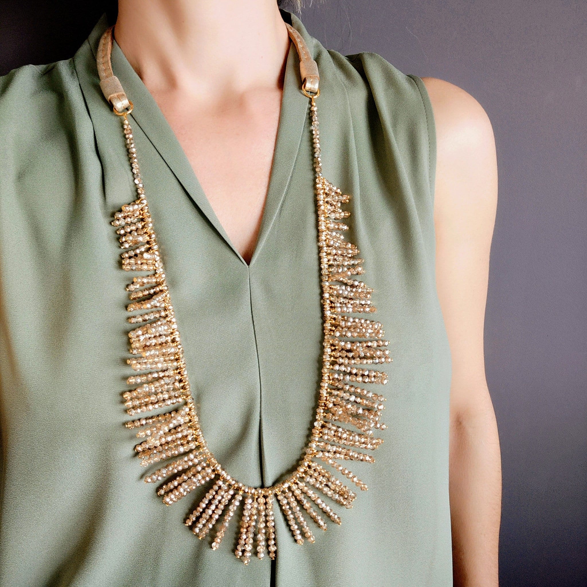 Long Crystal Beaded Necklace Gold Bead Statement Necklace - Etsy