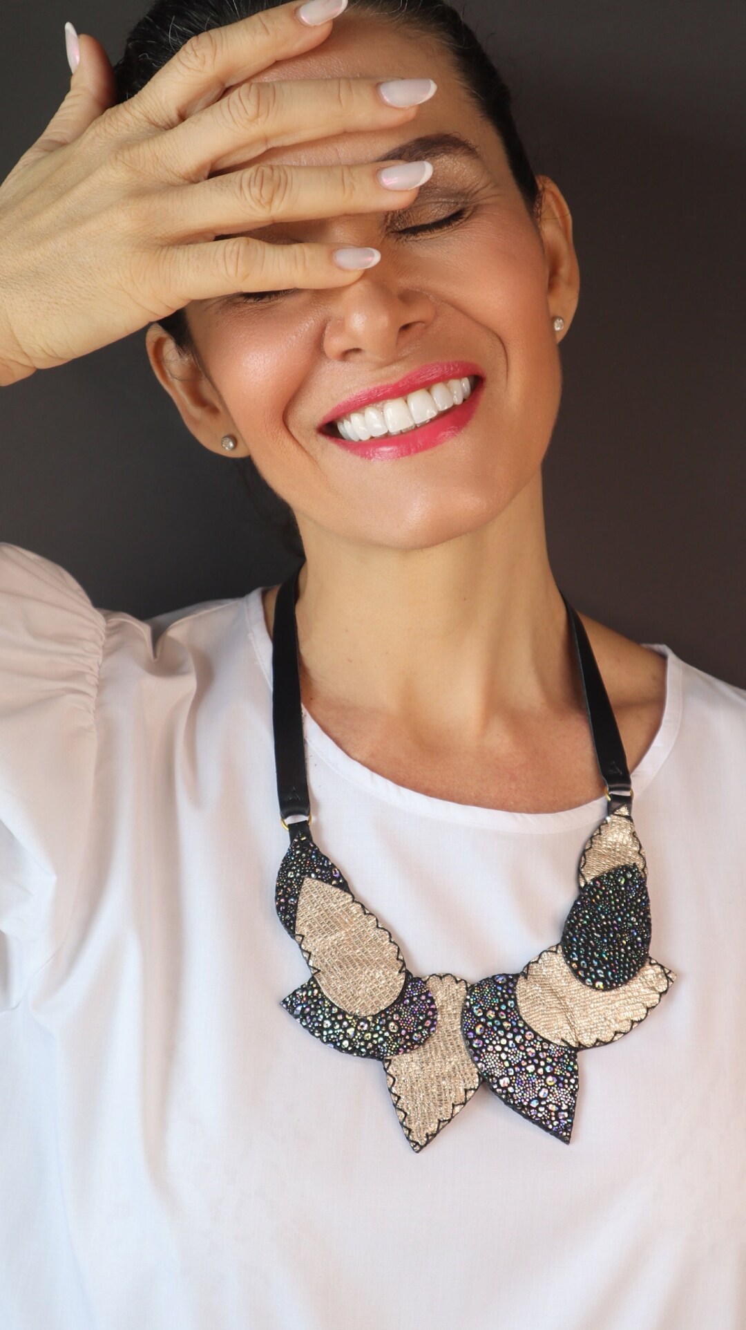 Black Gold Leather Bib Necklace | Galactic Metallic Statement Collar ...