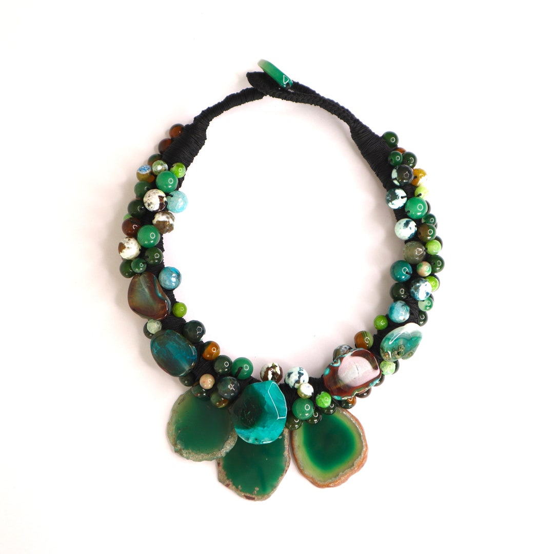 Unique Chunky Statement Necklace With Green Agate Gemstone, Emerald ...