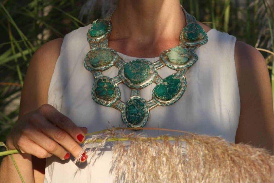 Emerald Green Jasper Statement Necklace, Bold Gold Leather Bib With ...