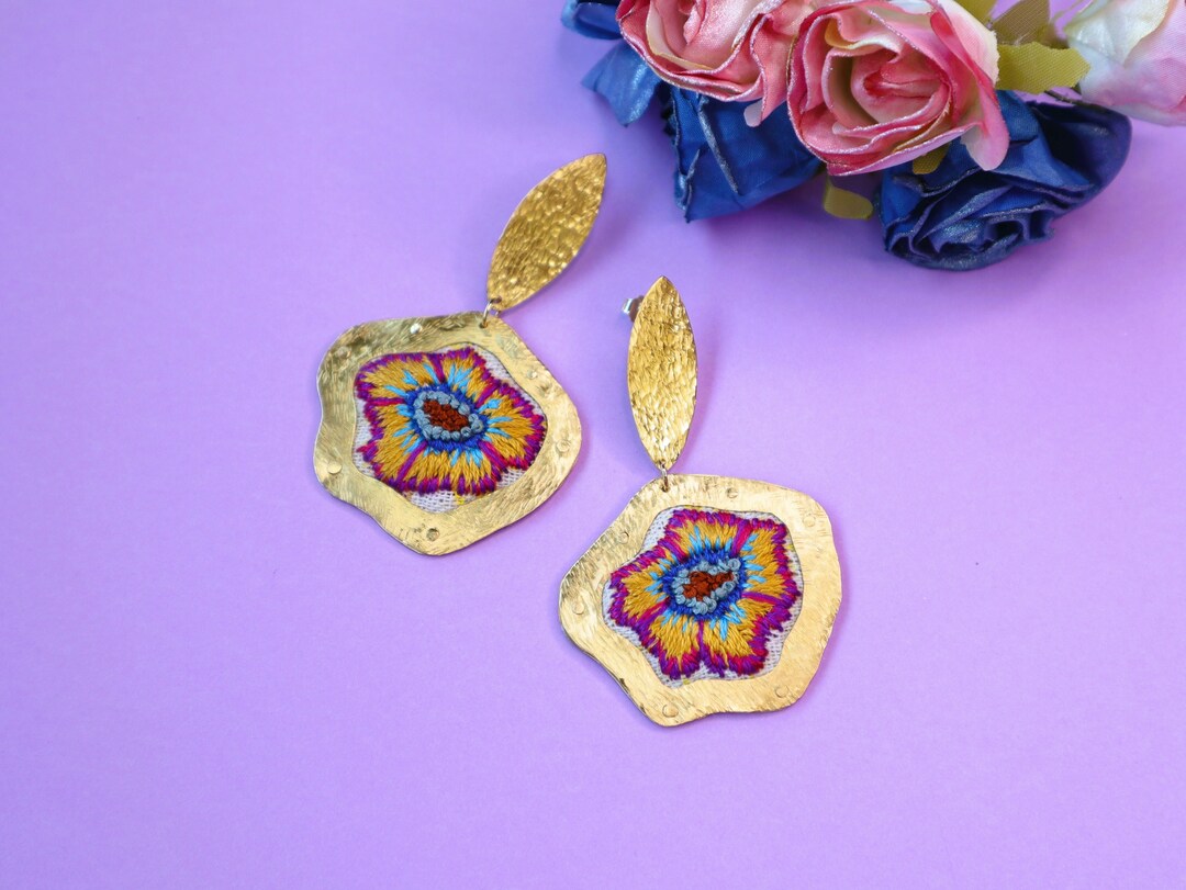 Hand Embroidered Earrings, Dainty Floral Statement Earrings, Modern ...