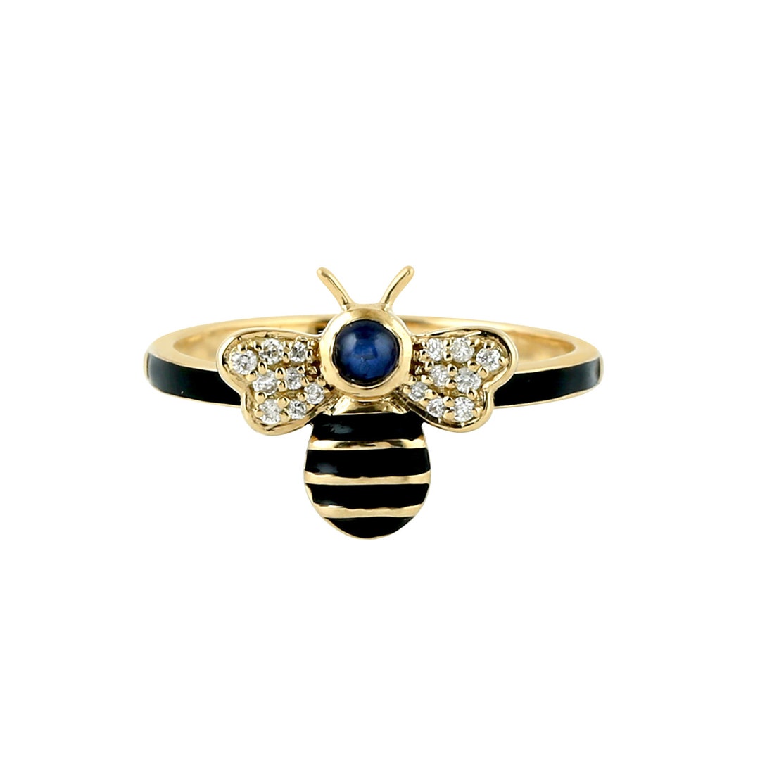 Pave Diamond Enamel Ring, Diamond Pave Bee Ring, 14k Yellow Gold Ring ...