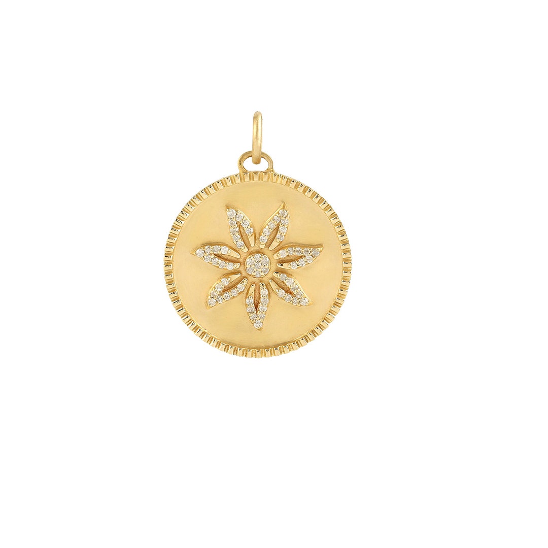 14k Yellow Gold Diamond Pave Flower Pendant, Floral Disc Charm - Etsy