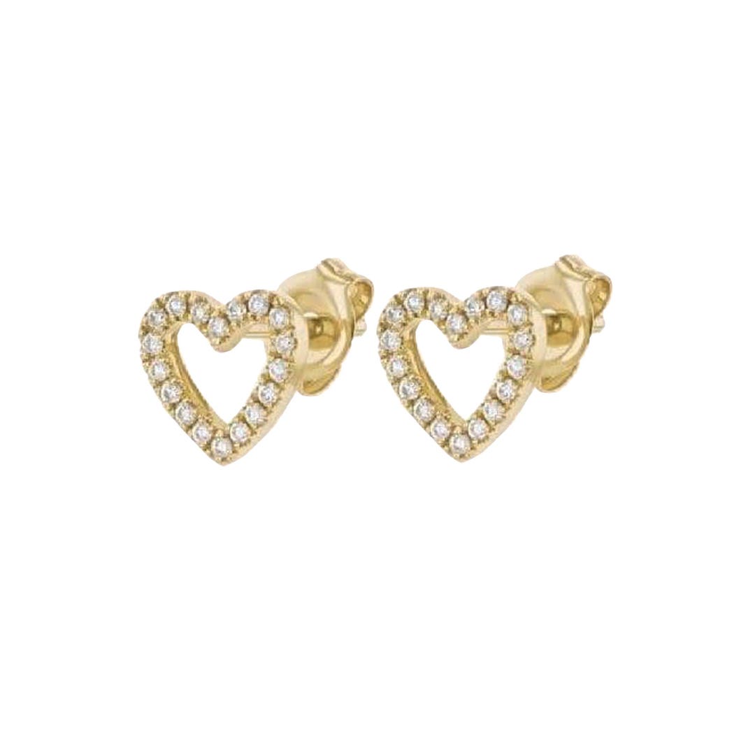 Pave Diamond Earrings, Diamond Heart Earrings, 14k Yellow Gold Mini Heart Stud Earrings, Natural ...