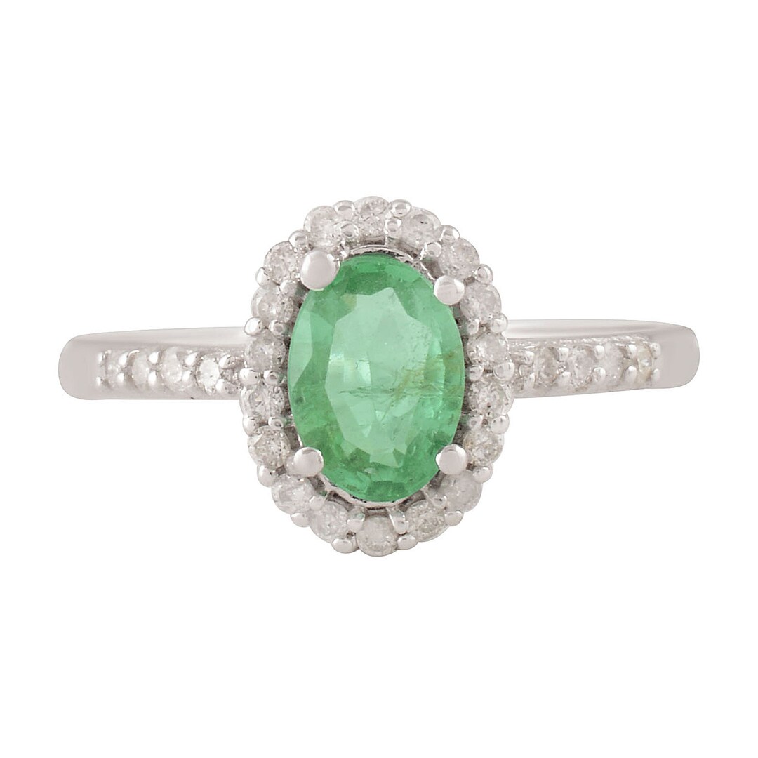 Pave Diamond Engagement Ring, Diamond Gemstone Emerald Ring, Real ...