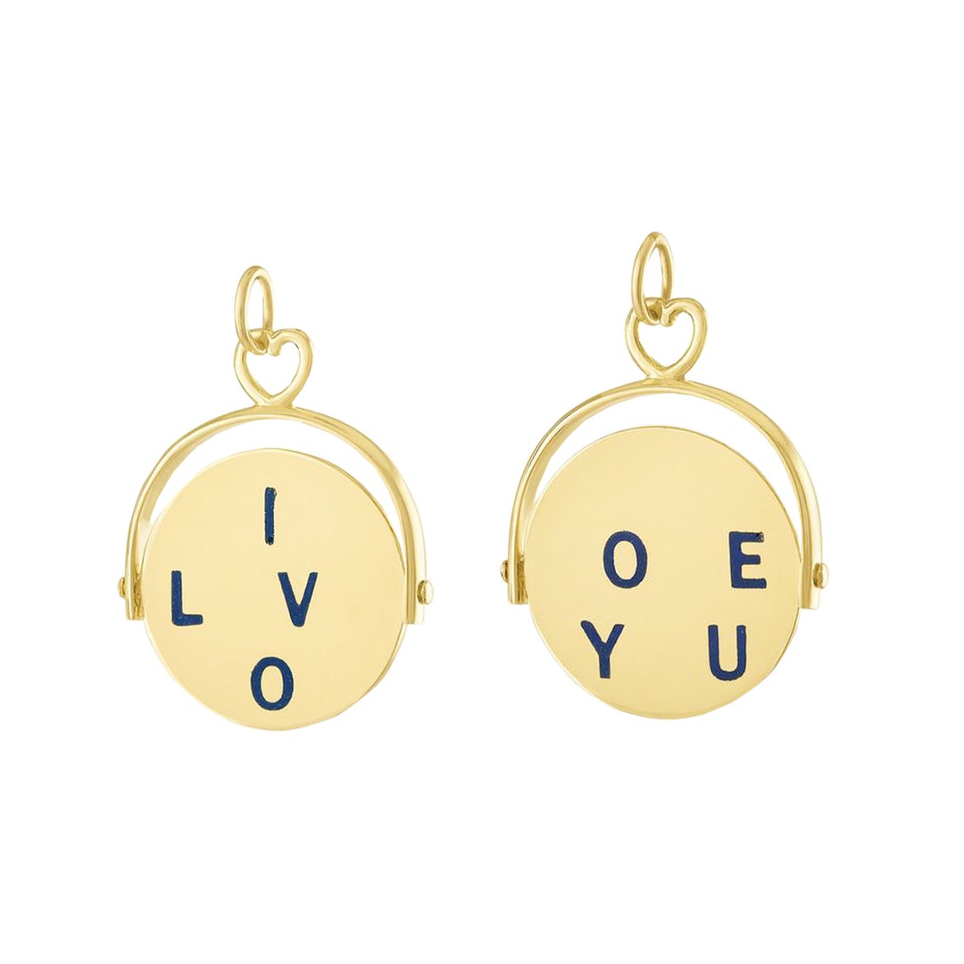 14k Yellow Gold 'I Love You' Spinner Charm Pendant, Blue Enamel - Etsy
