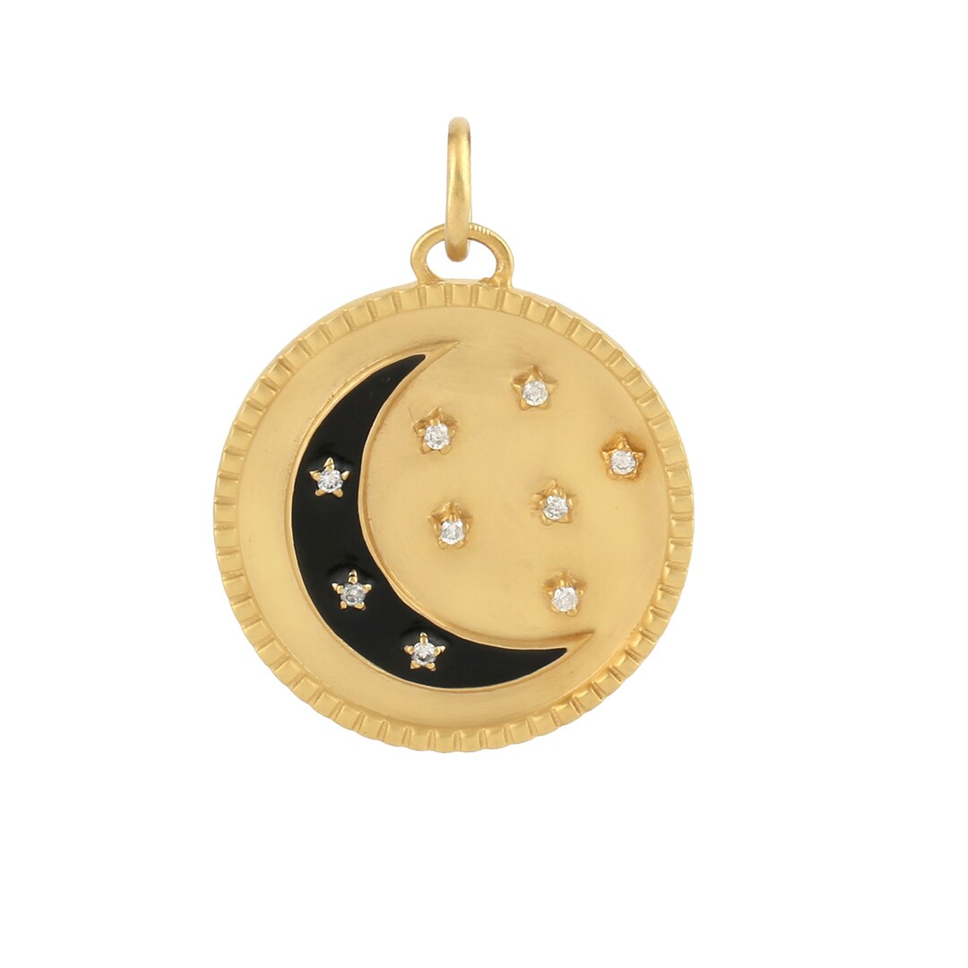 Diamond Crescent Moon Pendant, 14k Yellow Gold, Black Enamel - Etsy