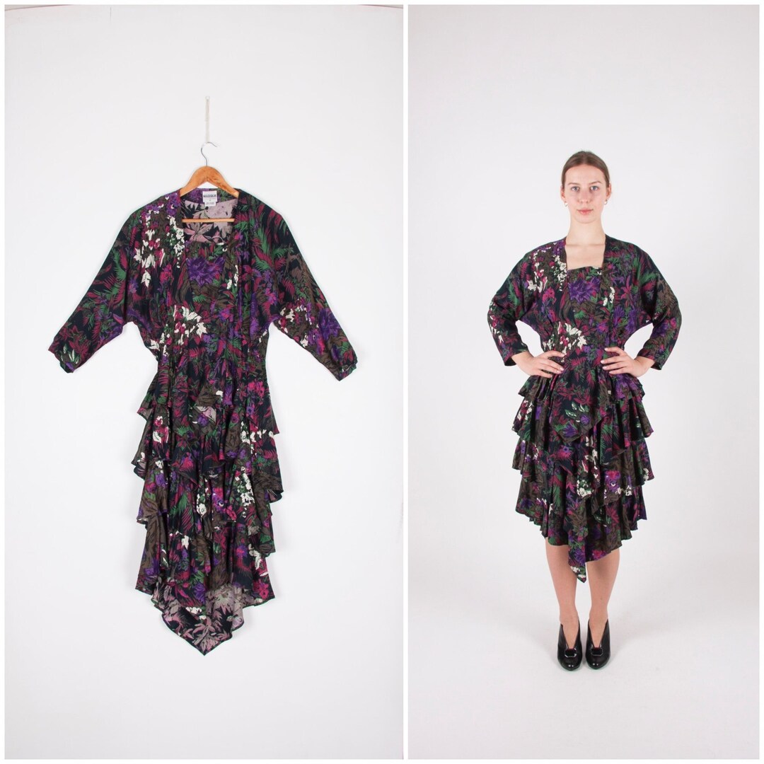 Vintage Frilly Dress Women Small Colorful Rayon Dress 80s Ruffled Skirt ...