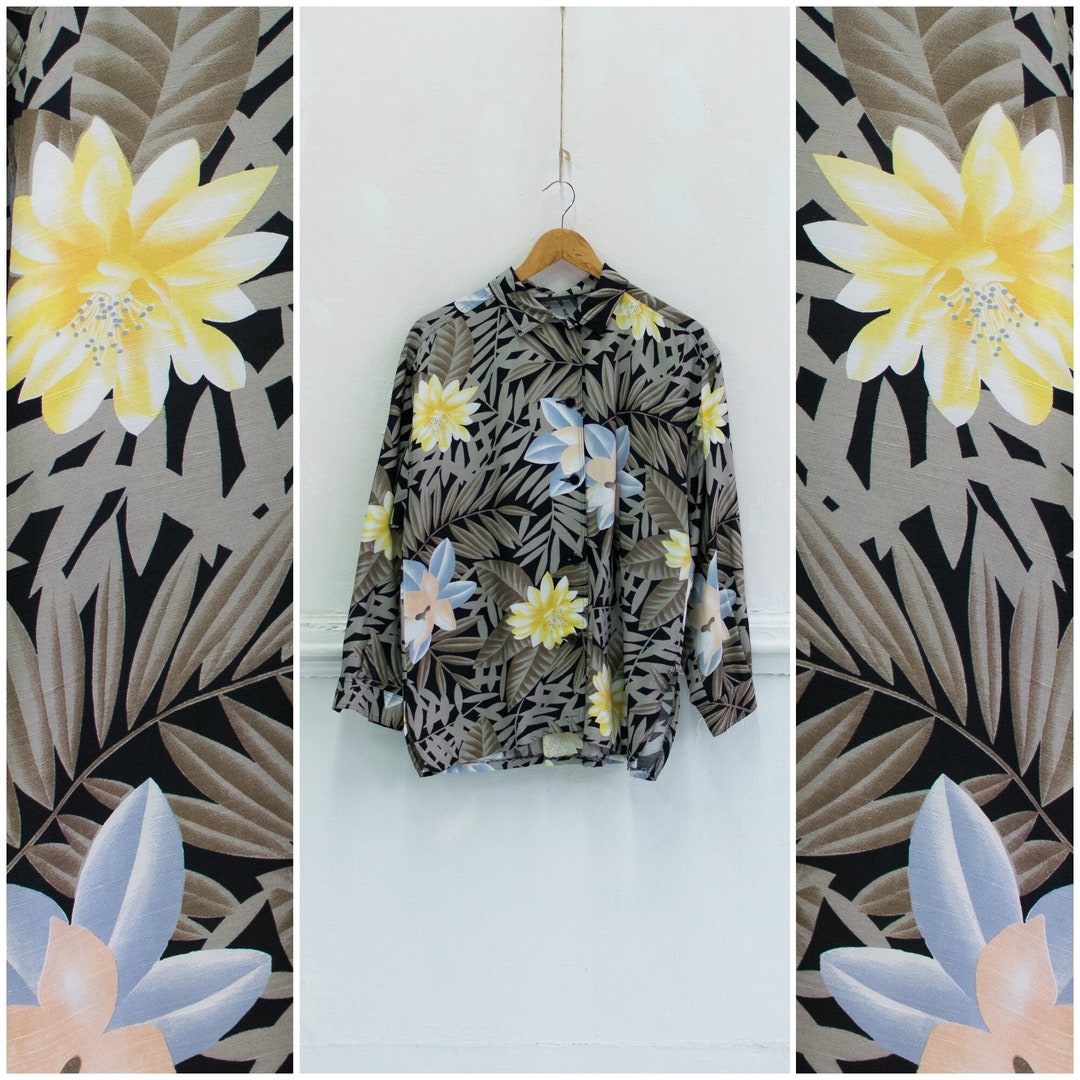Vintage Botanical Print Shirt for Women Medium 90s Boho Blouse Jungle ...