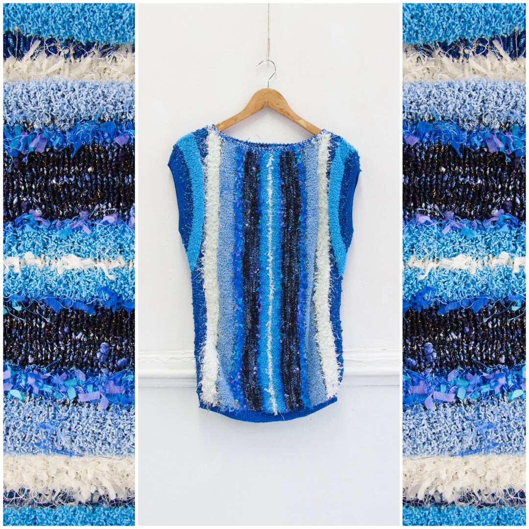 Vintage 80s Fuzzy Top Womens S Striped Drop Shoulder Top Tall Furry ...