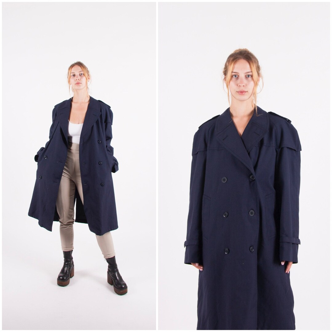 Vintage Duster Coat Women's Medium Navy Blue Trench Coat 80s Duster ...
