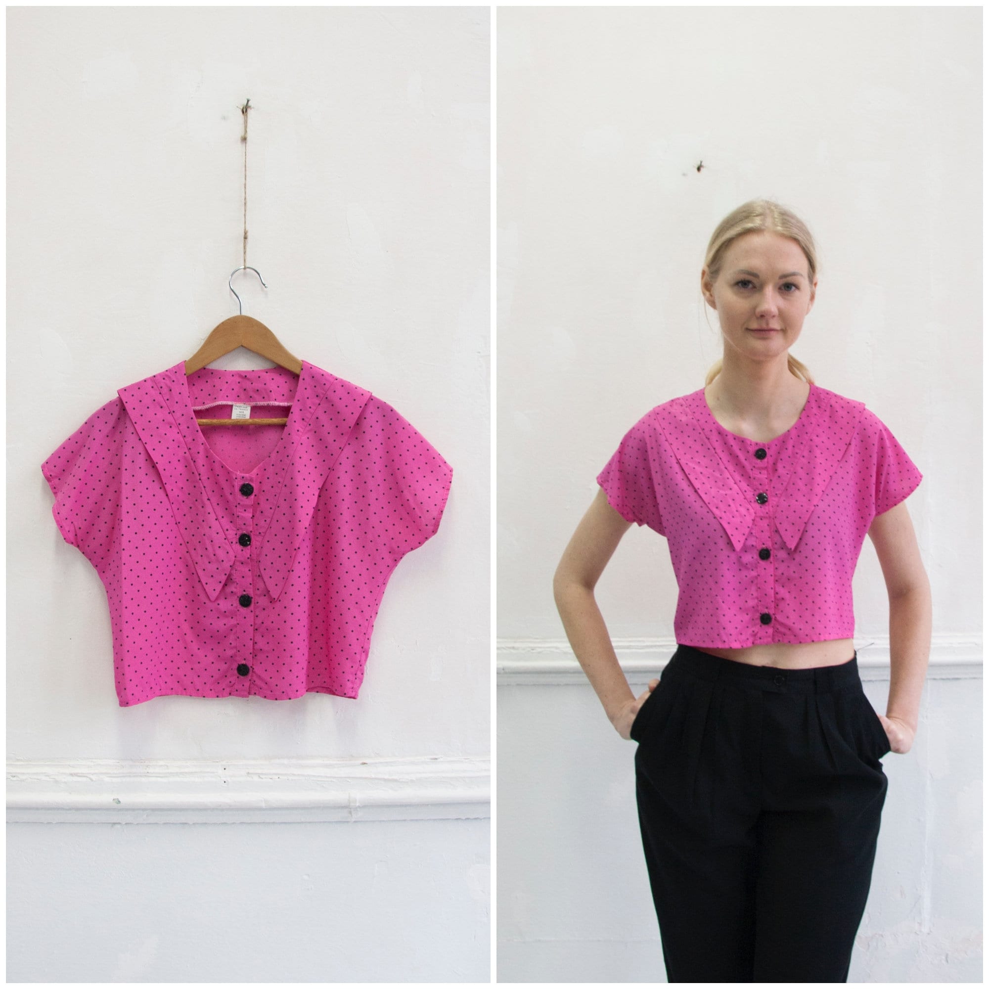 Vintage 80s Crop Top Pink Cropped Blouse S Polka Dot Button Up | Etsy