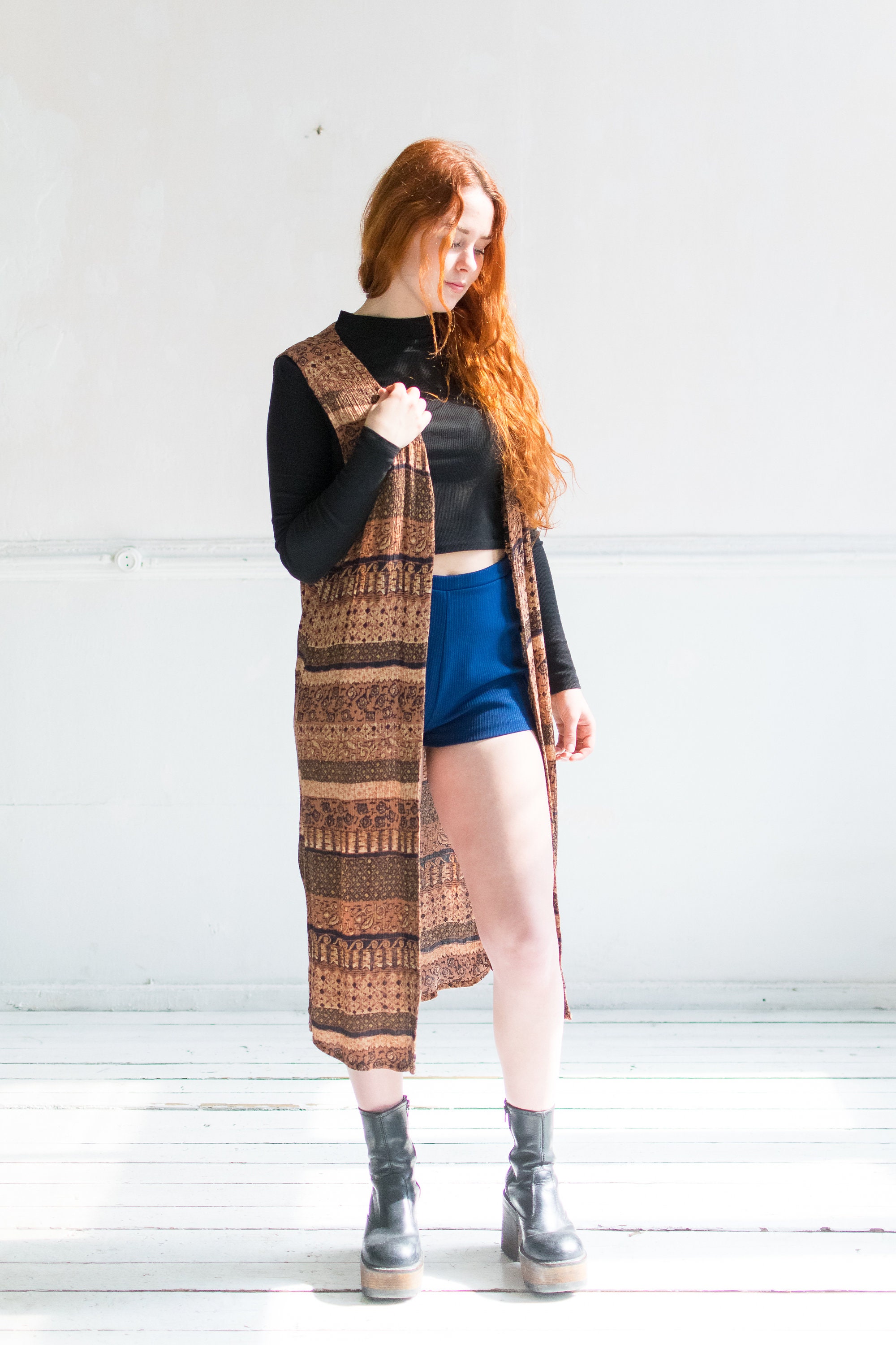 Vintage 90s Long Vest Womens S M L Patterned Open Front Vest | Etsy