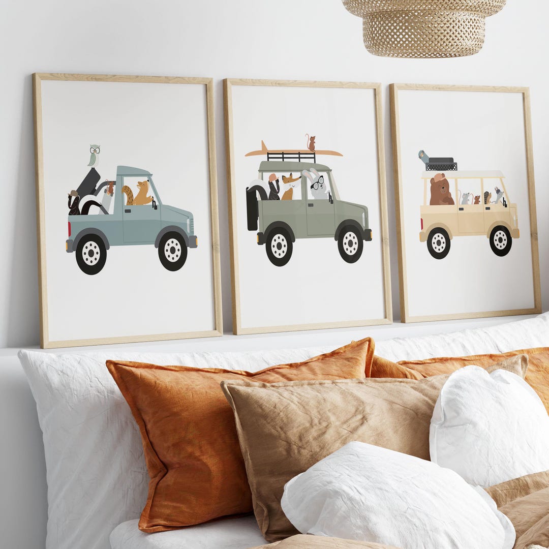 Boys Vehicle Nursery Prints Set of 3 | Animals Driving 4WD Truck ...