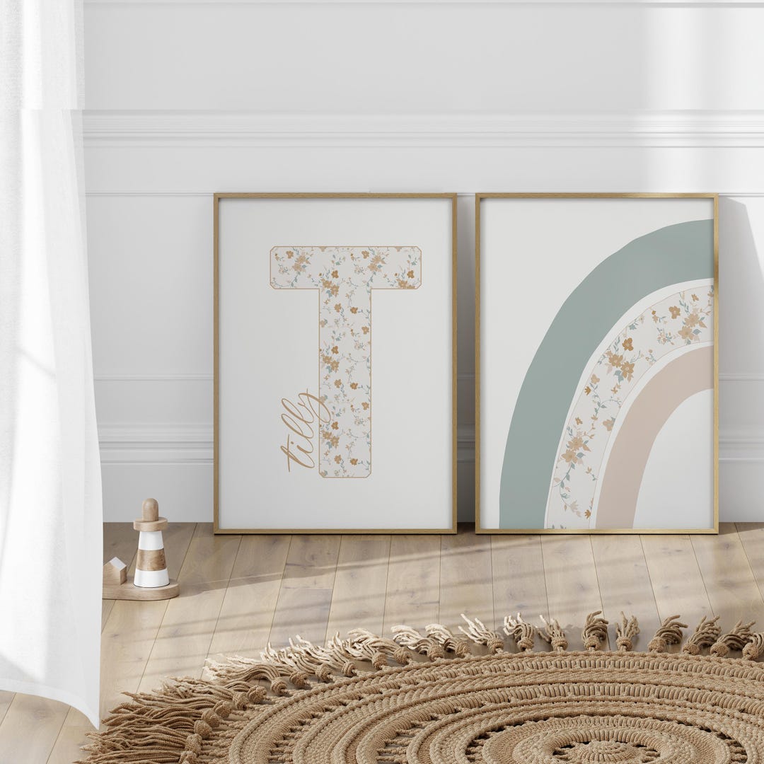 Cottagecore Letter Initial and Rainbow Wall Art Set Personalised Name ...