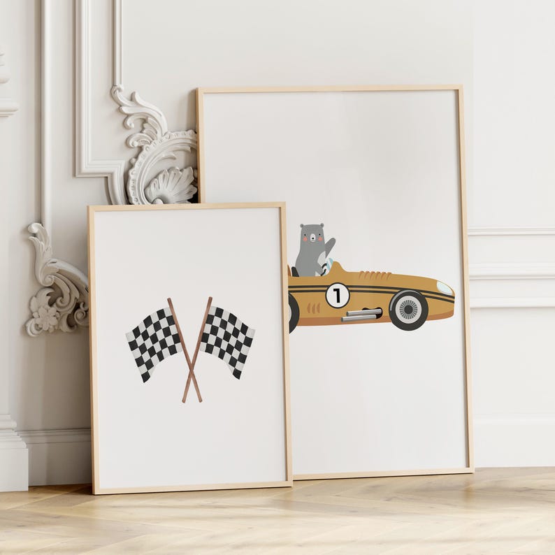 Racing Car & Animals Nursery Prints, Boys Room Gallery Wall Art (12 ...