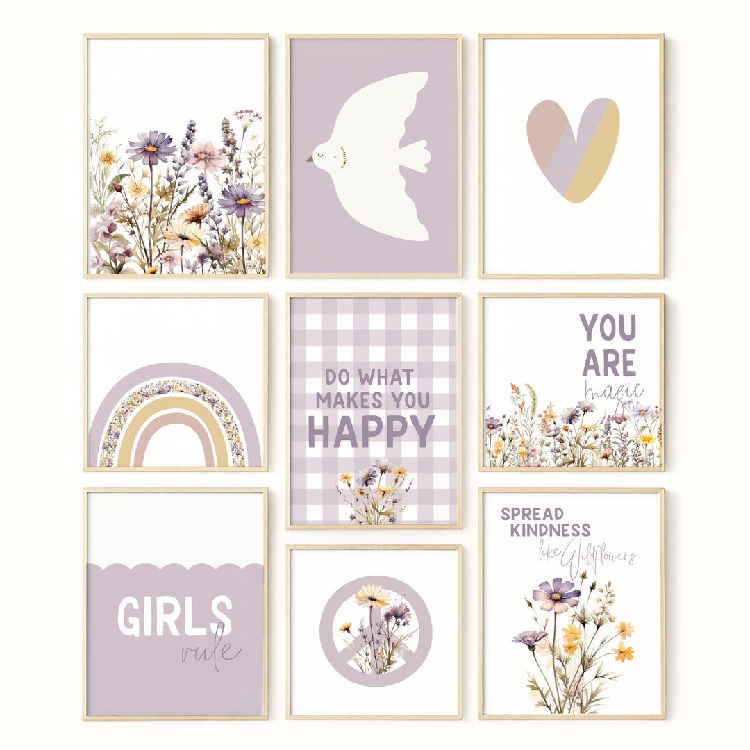 Positive Affirmation Girls Floral Wall Art Set: Purple Playroom Decor ...